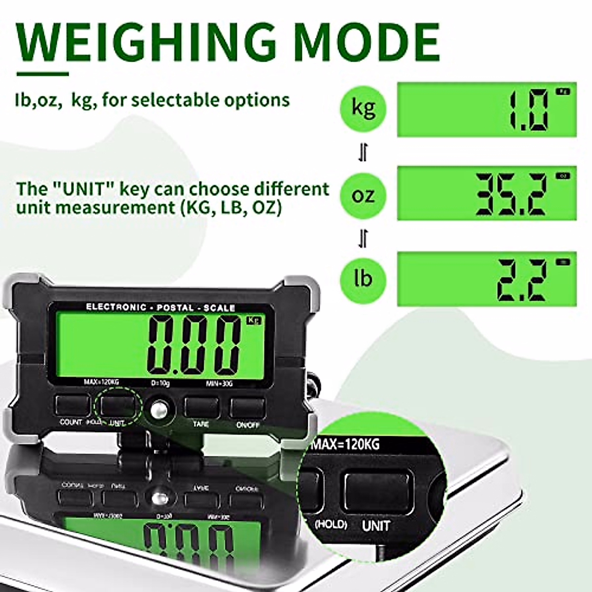 Shipping Scale, 264lbs Shipping Postal Scale with 10g High Precision, Postal Scale with Tare/Hold/Count, Stainless Steel Large Platform, Backlit LCD Display, Battery & USB Power Supply Included