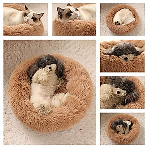 Dog Bed Calming Dog Beds for Small Medium Large Dogs - Round Donut Washable Dog Bed, Anti-Slip Faux Fur Fluffy Donut Cuddler Anxiety Cat Bed(28'' Khaki