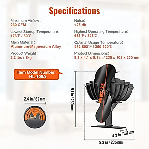 VEVOR Wood Stove Fan Heat Powered, Quiet Fireplace Fans for Wood/Log Burner/Heater, 260 CFM Max. Airflow Non Electric, Aluminum Alloy Circulating Warm Air Saving Fuel, 2 Blades, 7.1'' x 4.2'' x 7.7''