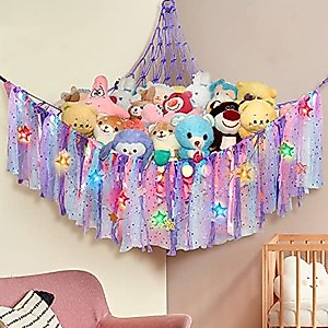 Stuffed Animal Hammock with Light, Stuffed Animal Storage Net, Hanging Plush Net Hammock for Dolls, Wall Corner Net Holder with Star Decoration and Colorful Light
