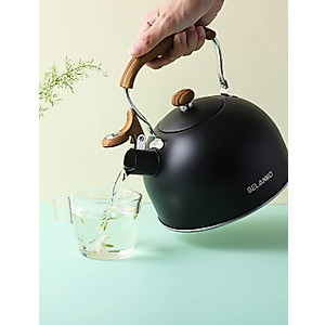 Tea Kettle, BELANKO 85 OZ / 2.5 Liter Whistling Tea Kettle, Tea Pots for Stove Top Food Grade Stainless Steel with Wood Pattern Folding Handle, Loud Whistle Kettle for Tea, Coffee, Milk - Black