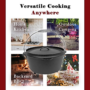 Cuisiland 9 Quart Cast Iron Dutch Oven with Lip Lid & 3 legs – Pre-Seasoned Camping Pot for Outdoor Cooking, Roasting, and Baking – Heavy-Duty Campfire Cookware with Even Heat Distribution