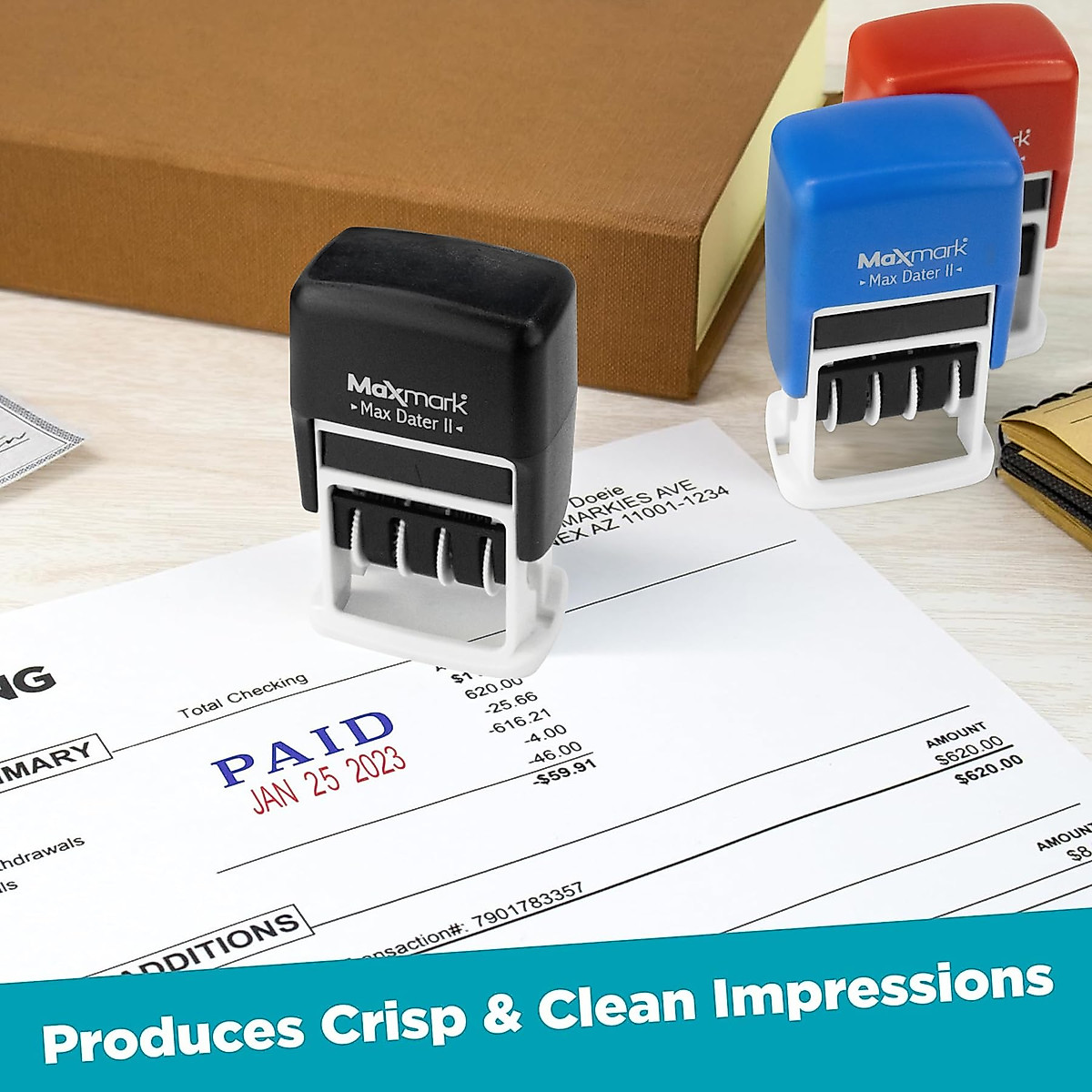 MaxMark Self-Inking Rubber Date Office Stamp with Received Phrase Blue Ink & Date RED Ink (Max Dater II), 12-Year Band