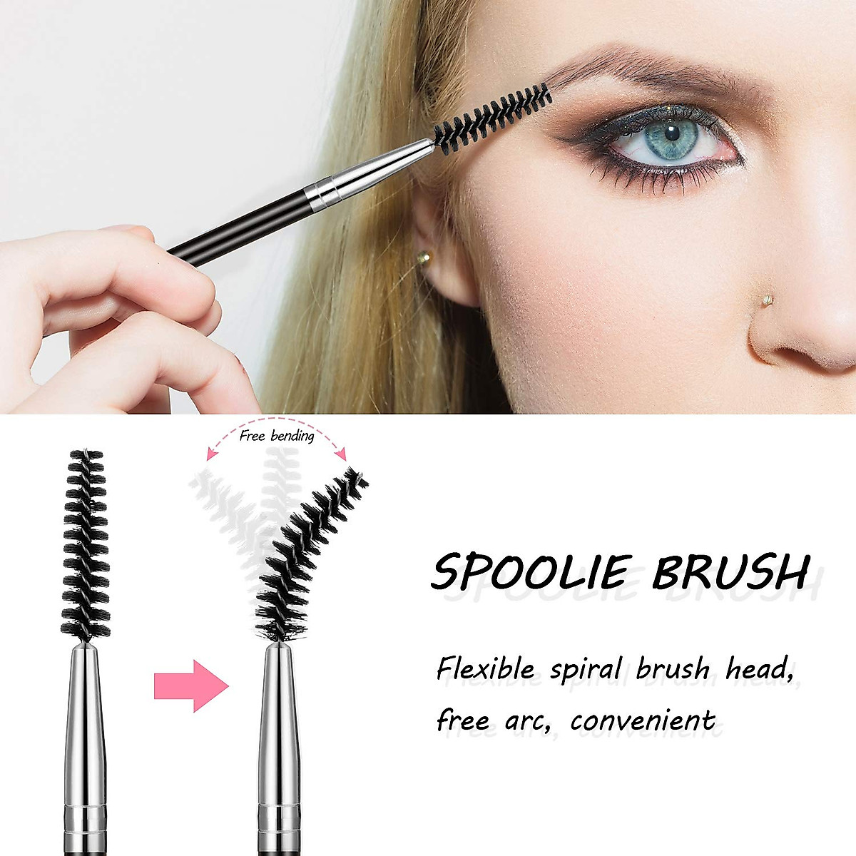 6 Pieces Duo Eyebrow Brush Angled Eye Brow Brush and Spoolie Brush Mini Eyelash Brush for Tinting Angled Eyebrow, Fit for Gel and Cream (Silver)