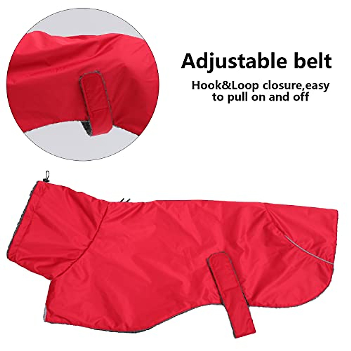 Greyhound Lurcher Winter Coat, Whippet Coat with Padded Fleece, Waterproof Dog Jacket with Adjustable Bands and Zipper Harness Hole - Red - Medium