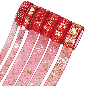 Yookat 6 Rolls Valentine's Day Ribbon Printed Heart Ribbons Mother's Day Ribbon for Valentine's Day Mother's Day Wedding Gift Wrapping