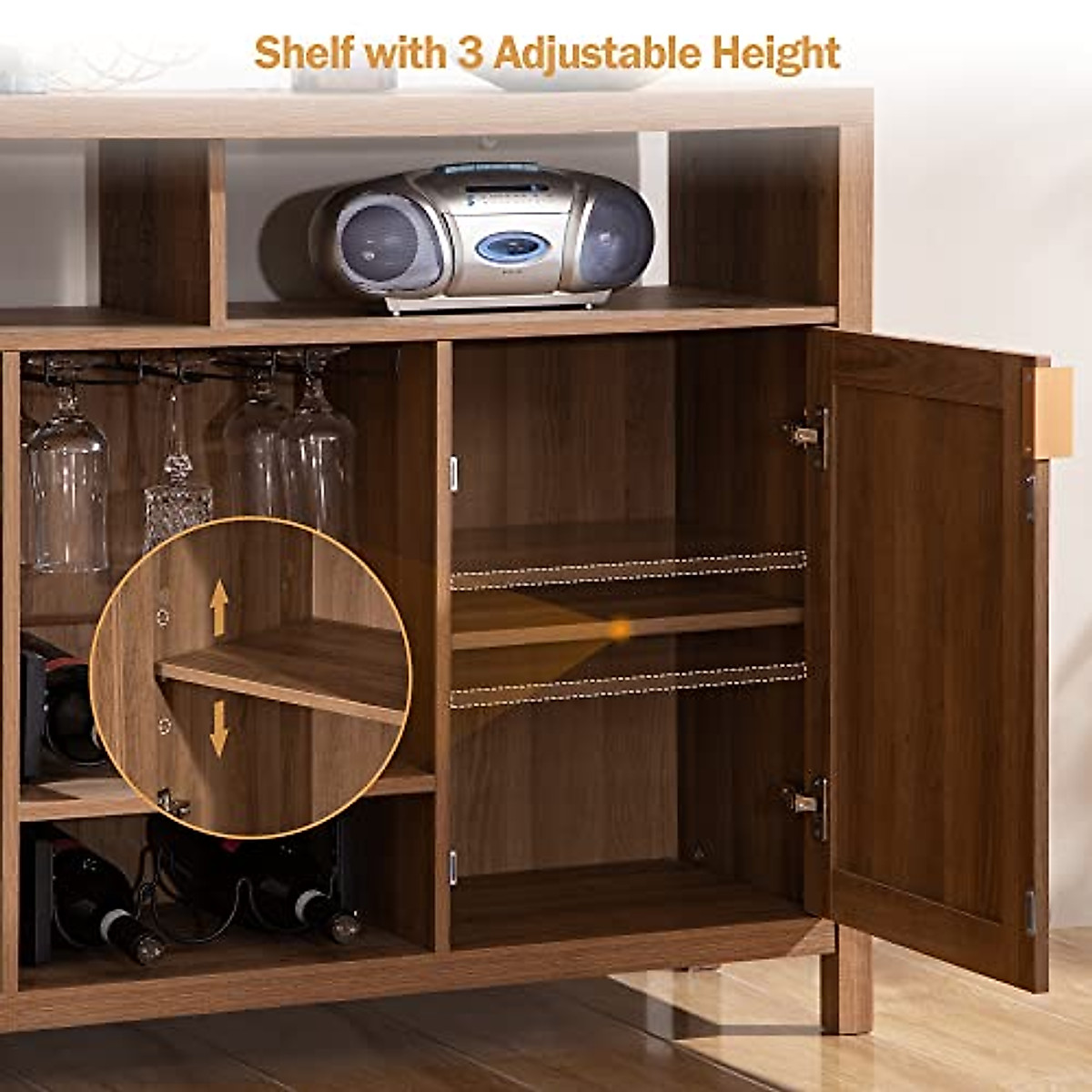 SICOTAS Coffee Bar Cabinet, 51" Rattan Sideboard Buffet Cabinet with Storage, Boho Farmhouse Liquor Cabinet with Wine Racks Credenza Console Buffet Table for Home Living Dining Room Entryway, Natural