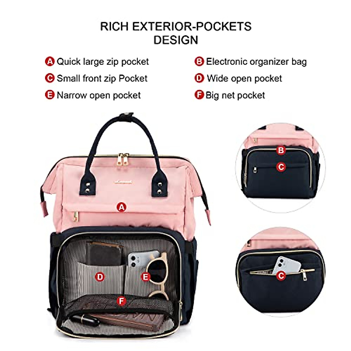 LOVEVOOK Travel Laptop Backpack for Women, 18-inch Large Capacity Outdoor Carry On Backpacks Purse, Business Computer Work Bags, Doctor Nurse Backpack with USB Port, Pink Navy
