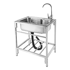 Free Standing Stainless Steel Single Bowl Commercial Kitchen Sink w/Drainboard, Drain Basket and Cold & Hot Faucet, Deep Utility Sink for Restaurant Laundry Garage Backyard (26.7 * 17.3 * 29.5 IN)