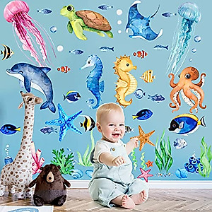 4 Sheets Ocean Fish Wall Decals Stickers Under The Sea Wall Decal Stickers Removable Sea Life Marine Animal Sticker Underwater Ocean Creatures Wall Decor for Kids Girls Boy Nursery Bedroom Bathroom