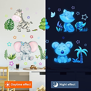 Safari Animal Wall Decals Glow in The Dark Wall Decals Jungle Zoo Wall Stickers Peel and Stick Cartoon Forest Animals Fox Bear Elephant Zebra Decal for Kids Boys Girls Nursery Bedroom Playroom Decor
