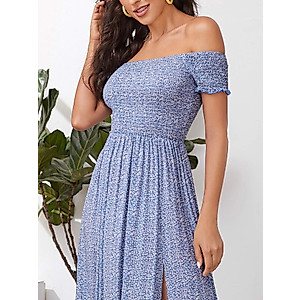 Floerns Women's Boho Floral Print Off Shoulder Split Long A Line Dress Blue Flower M