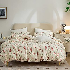 Twin Floral Duvet Cover, 100% Cotton 3 Pieces Twin Floral Bedding Sets for Girls, Red Floral Chic Garden Style Floral Pattern Printed Twin Floral Duvets with Zipper Closure (Floral, Twin)