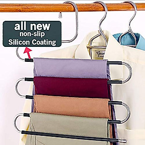 Myfolrena Pants Hangers Non Slip Updated S-Shaped 5 Layers Hangers Closet Space Saver for Jeans Scarf Tie Clothes(6 Pack Grey+4 Pack Black)