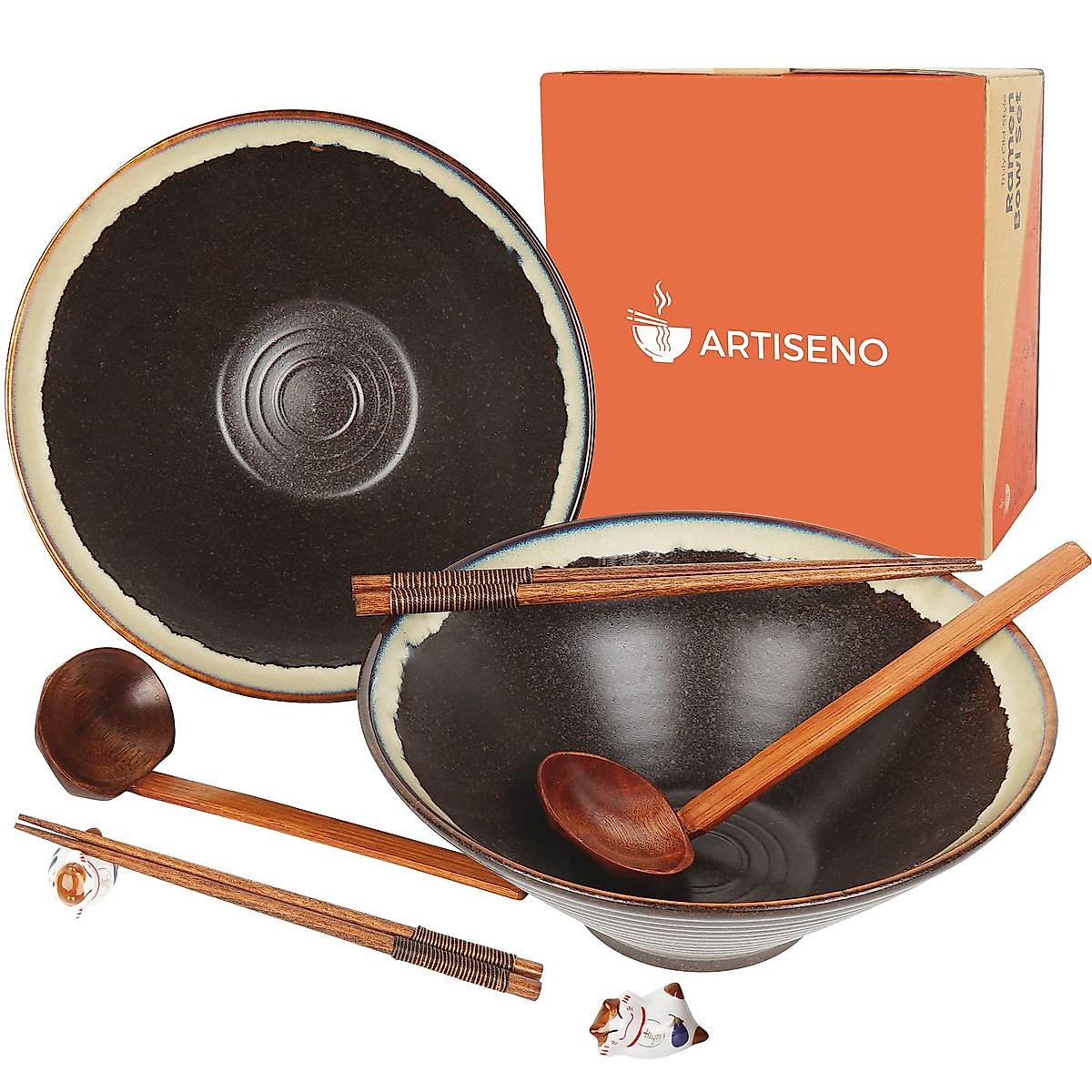 ARTISENO Ceramic Ramen Bowl Set- 2 Sets of 60oz Japanese Ramen Bowl with Chopsticks and Spoons, Ramen Noodle Bowl, Pho Bowls, Cute Bowl, Udon Ramen bowls, Noodle Bowl with Chopsticks, Black