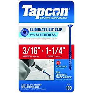 Tapcon 3/16" x 1-1/4" Star Torx Head Concrete Anchor Screws 3169407V2 | 100 Pack | Drill Bit Included