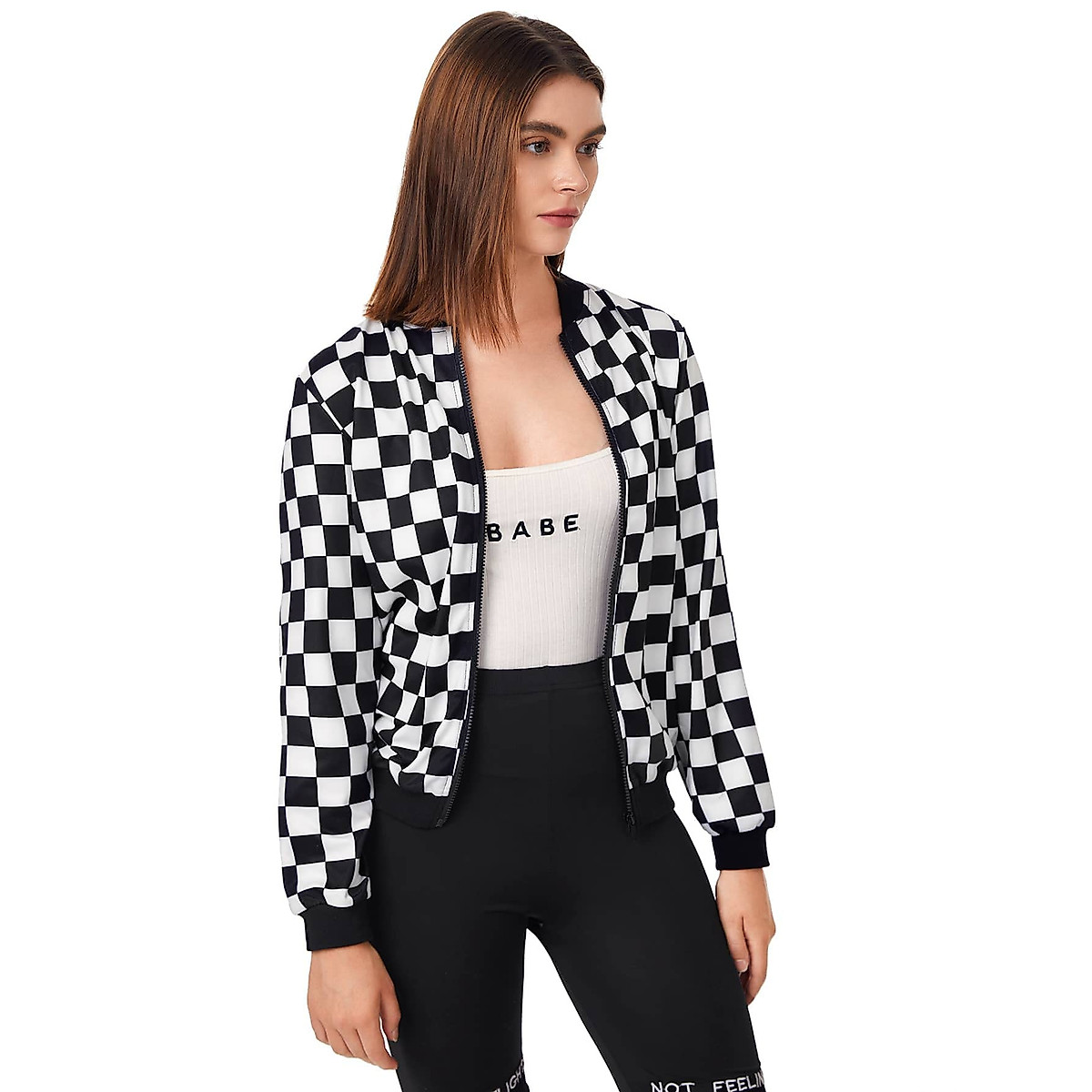 WDIRARA Women's Zip Front Plaid Print Long Sleeve Stand Collar Casual Jacket Black and White S