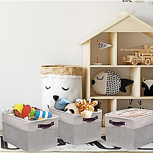 Simple Houseware 3 Pack Grey Fabric Storage Bin with Leather Like Handles