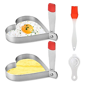 Heart Shaped Pancake Mold Egg Rings Nonstick Stainless Steel Fried Egg Molds With Insulated Handle Heart Pancake Shapes Mold with Oil Brush and Egg Separator for Breakfast Mother's Day Gift