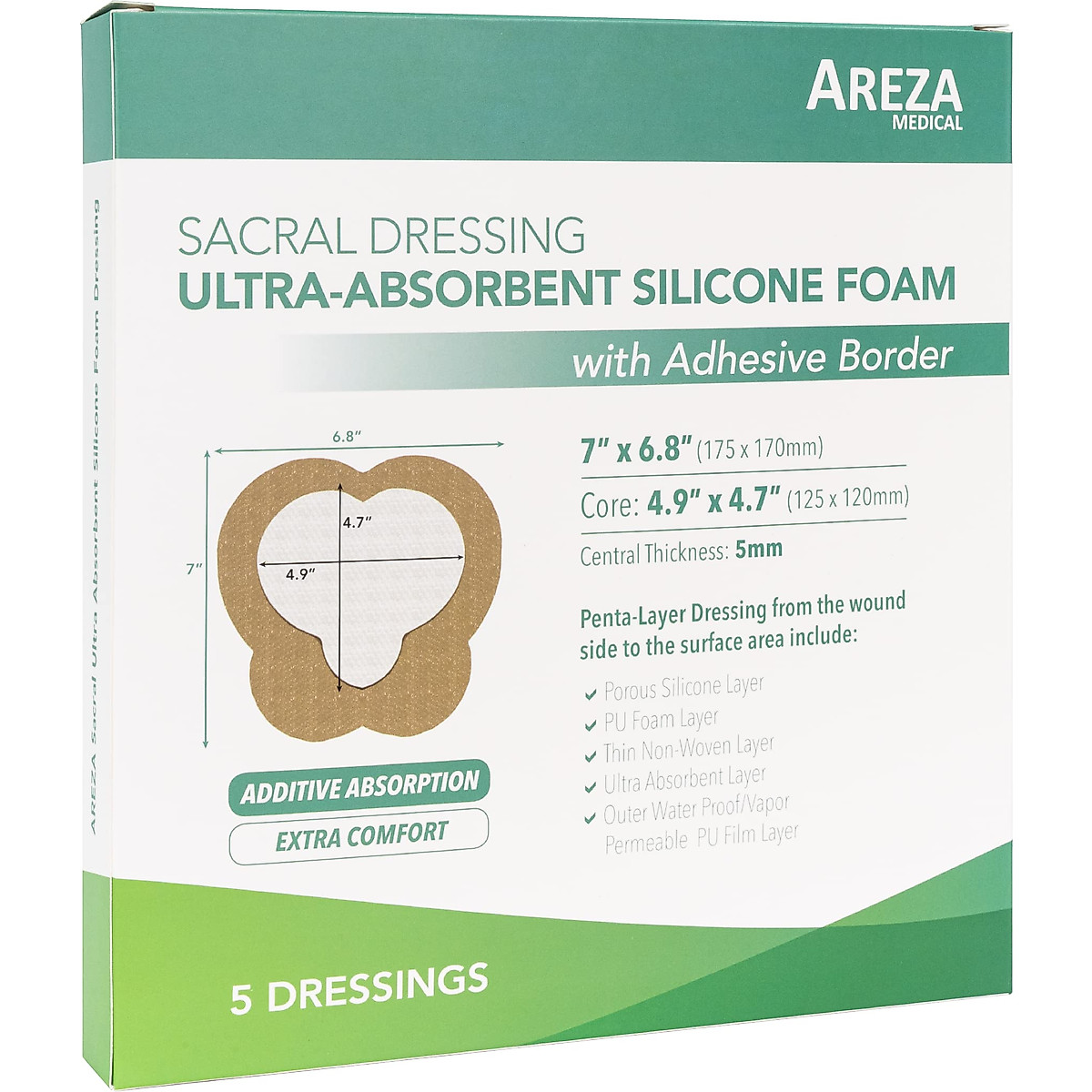 Areza Medical - Ultra-Absorbent Silicone Foam Wound Dressing - Waterproof - with Adhesive Border - sterile - designed for Sacral Wounds - 7" X 6.8" - 5 PCS Per Box