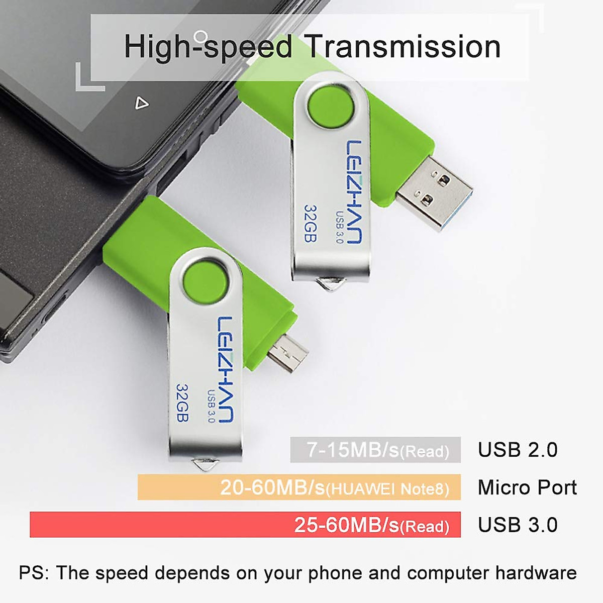 leizhan Thumb Drive 64 gb High Speed USB Flash Drive 3.0 for Samsung Galaxy S7/S6/S5/S4/S3/Note5/4/3/2/A7, Micro-USB 3.0 Memory Stick, Green