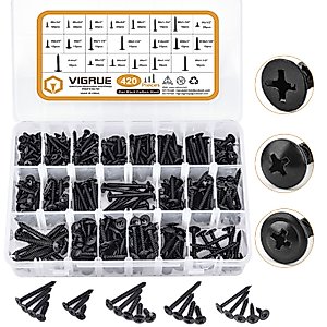 VIGRUE 420Pcs Black Screws Set #6#8#10 Phillips Black Wood Screws Assortment Kit, Sheet Metal Screws Self Tapping Screws (Flat Head,Round Head,Truss Head Screws)