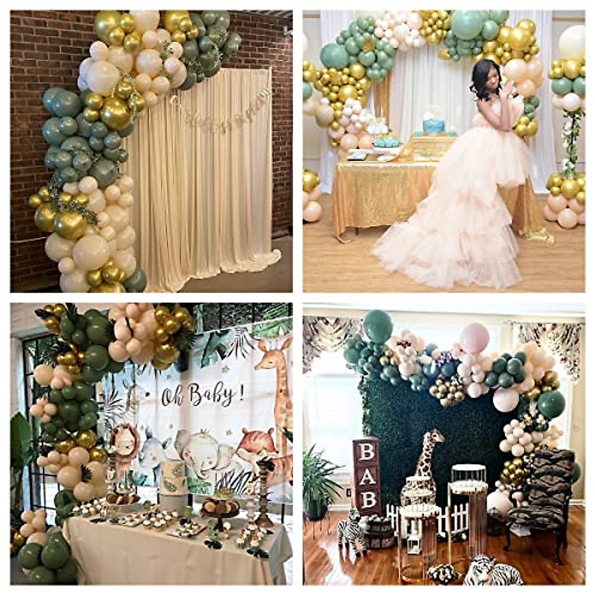 Sage Green Balloon Garland Arch Kit- Double Stuffed Sage Green Balloons Ivory White Metallic Chrome Gold Balloons for Baby Shower Jungle Safari Wild One Birthday Party Decorations