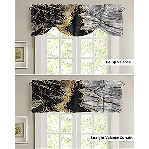 SIGOUYI Kitchen Curtains, Black White Gold Marble Valances for Windows, Short Curtains Rod Pocket Bathroom Curtains Window, Kitchen Window Curtains Over Sink, 60x18in Valances for Kitchen