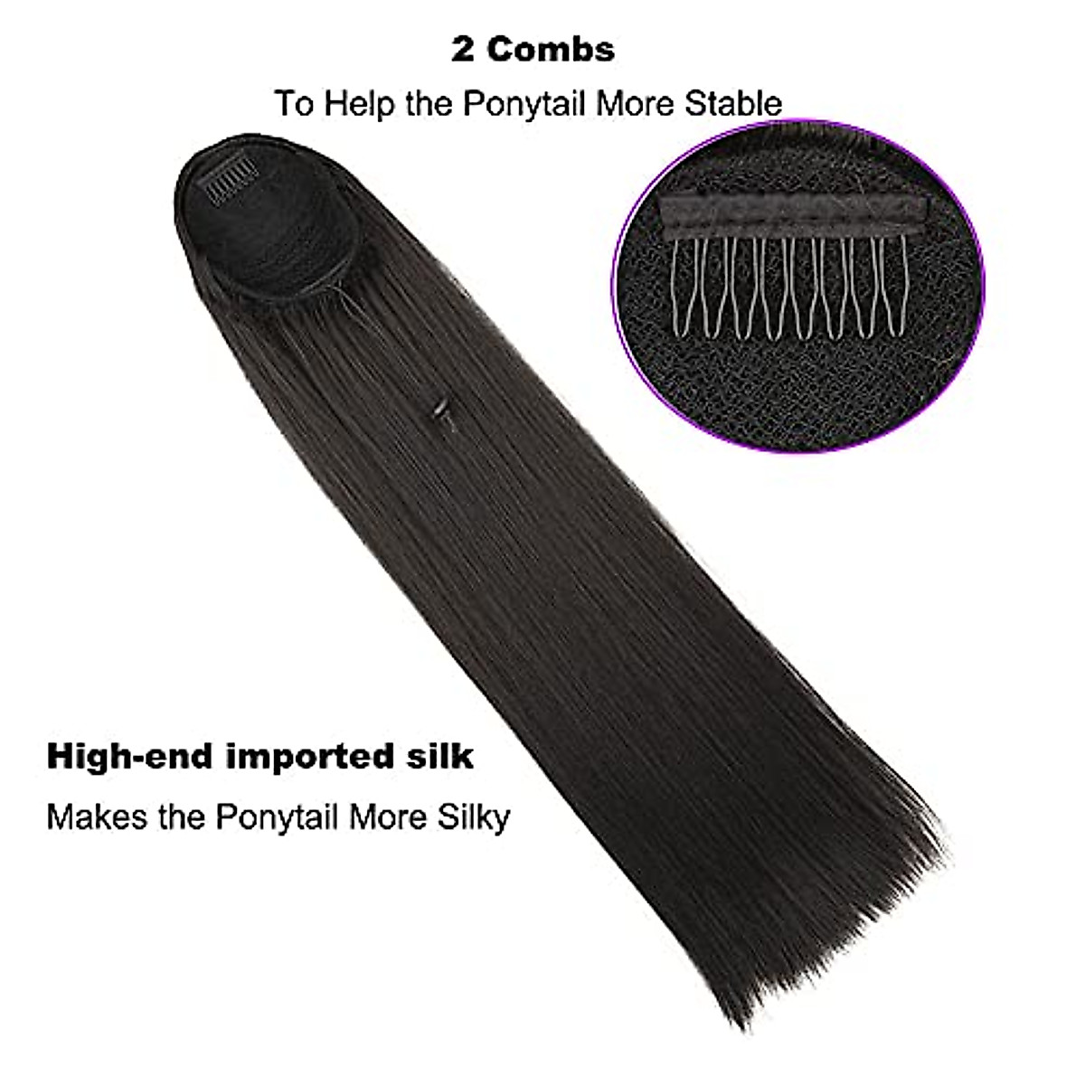 24 Inch (Can Be 26 Inch) Straight Hair Ponytail 2 Clips in Ponytail Hair Extensions Straight Hair Drawstring Ponytail For Ladies 125g/Piece Synthetic Hairpiece Ponytail Smooth &Soft Natural Black(1B)