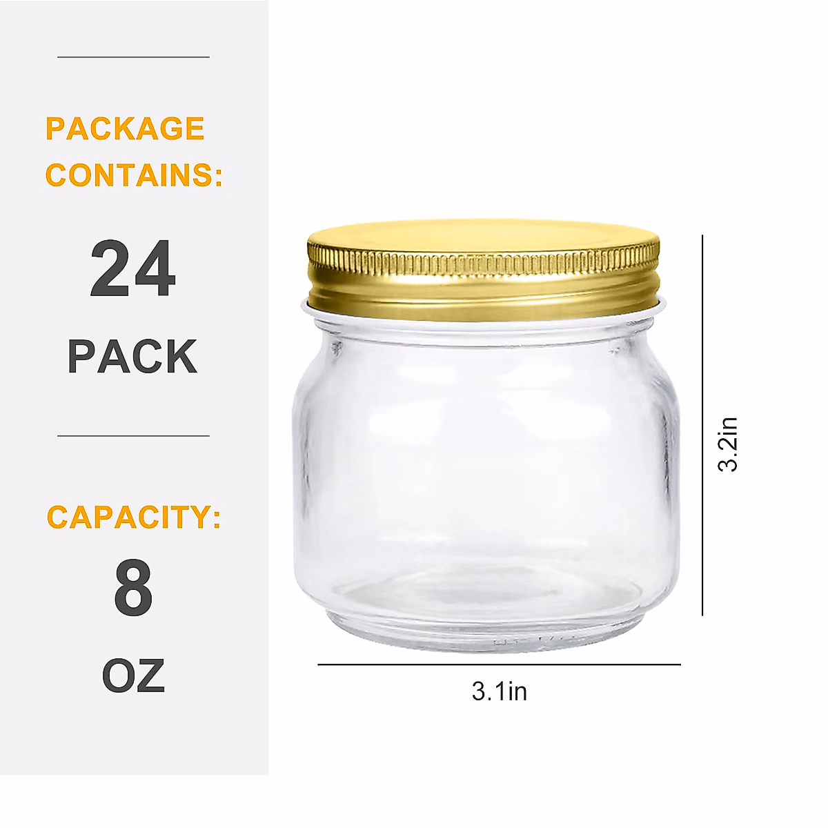 Encheng 8 oz Glass Jars With Lids,Ball Regular Mouth Mason Jars For Storage,Canning Jars For Caviar,Herb,Jelly,Jams,Honey,Dishware Safe,Set Of 24