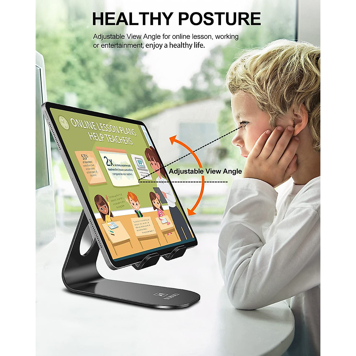 Doboli Tablet Stand Tablet Holder for Desk Adjustable Stand Foldable Tablet Holder Compatible with Ipad Galaxy Tab iPhone Kindle Black
