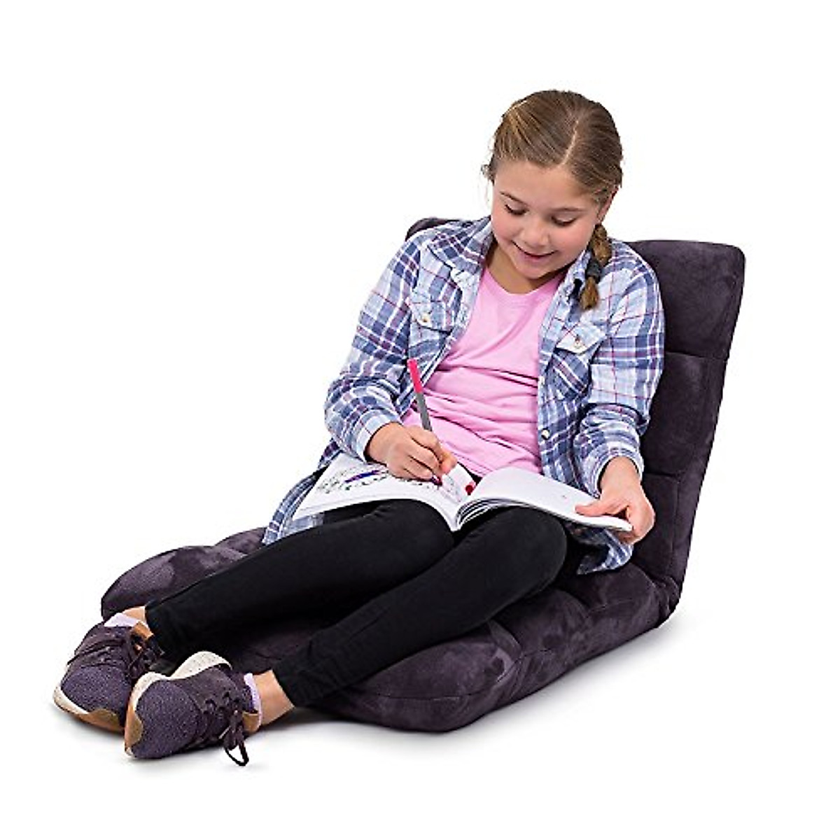 BIRDROCK HOME Adjustable 14-Position Memory Foam Floor Chair for Kids | 22.5" H x 19" W. 5.5" Thick Cushion | Eggplant | Comfy Back Support | Reading Game Meditating | Foldable Banana Rocker Chairs