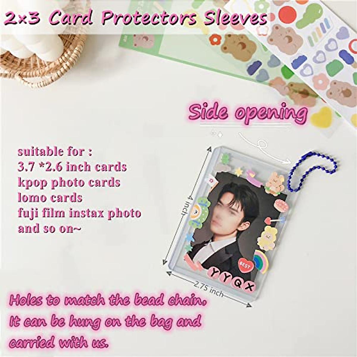 toovro 52 PCS Photo Card Holders for Kpop DIY Suit Penny Sleeves 10 Card Protectors Hard Plastic Holographic Sleeves with Chains 22 Korean Stickers Ribbon Heart Letter Charm Rose Devil Horn Stickers