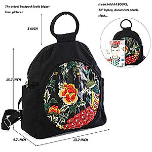Jursccu Women Casual Backpack Fashion Vintag Embroidered Backpack, Travel Backpack Canvas Shoulder Bag Handbag