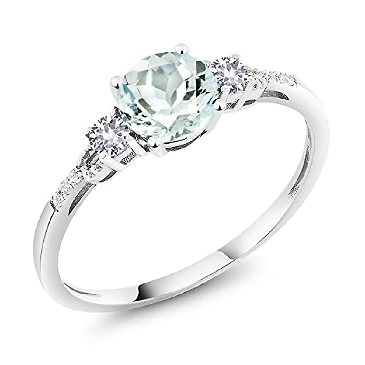 Gem Stone King 10K White Gold 6MM Round Gemstone Birthstone White Created Sapphire & White Diamond Accent 3-Stone Engagement Ring | Three-Stone Wedding Anniversary Promise Ring For Women