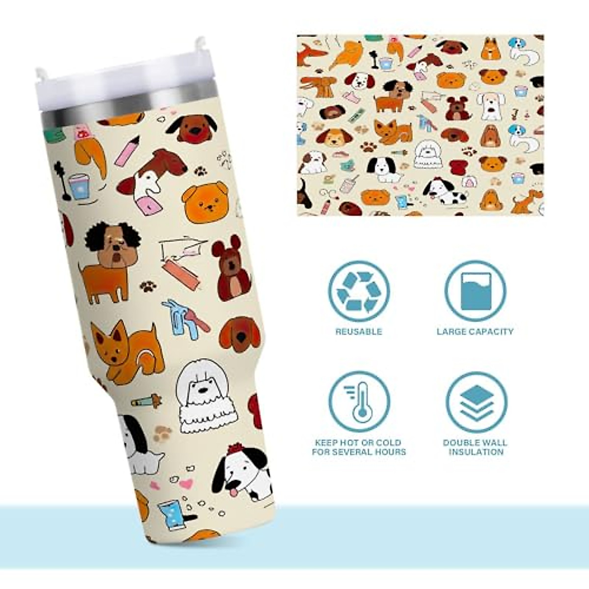 RPLIFE Cartoonish Dog Breeds Beige Stainless Steel Cup, Insulated Coffee Cups with Lids, Coffee Tumbler for Women