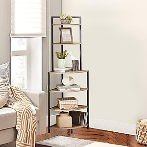 JOIN IRON Freestanding Corner Shelf, Industrial Style 6-Layer Corner Bookshelf with Metal Frame, Suitable for Corner bookcases in Small Spaces, bedrooms, Living Rooms, Rustic Brown