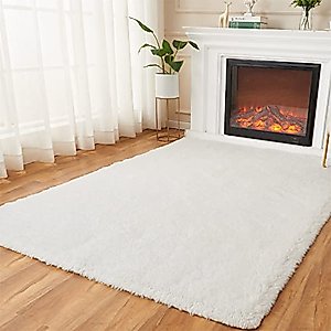 AMTOVO Shag Area Rugs for Bedroom, White Fluffy Rug Plush Living Room Carpet 8 x 10 Feet, Indoor Modern Plush Area Rugs, Fuzzy Nursery Shaggy Rugs for Kids Room