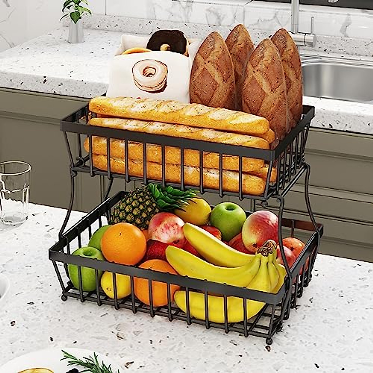 GILLAS 2 Tier Fruit Basket Countertop for Kitchen, Vegetable Bread Basket Fruit Bowl Storage Stand Detachable Metal Rectangular Wire Basket Black Medium