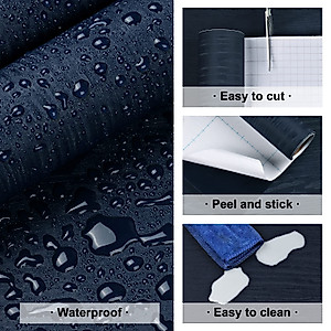 Skyblur Wood Navy Blue Contact Paper for Countertops Peel and Stick Wallpaper Deep Blue 24"x118" Realistic Wood Vinyl Removable Wall Paper Textured Navy Blue Contact Paper for Cabinets Kitchen Walls