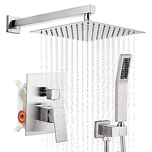 Qomolangma 12 inch Rain Shower System, Bathroom Shower Faucet Set with Pressure Balance Valve, Wall Mounted 2-Functions Shower Systems with Rain Shower and Handheld Spray Shower Trim Included