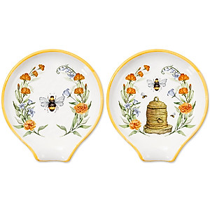 Whaline 2Pcs Bee Spoon Rest Vintage Bee Flower Ceramic Spoon Holder Watercolor Bee Day Sauce Dishes Summer Ring Dish for Kitchen Office Summer Bee Day Party Decor