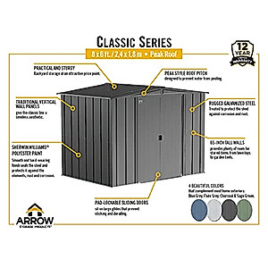 Arrow Shed Classic 8' x 6' Outdoor Padlockable Steel Storage Shed Building, Charcoal