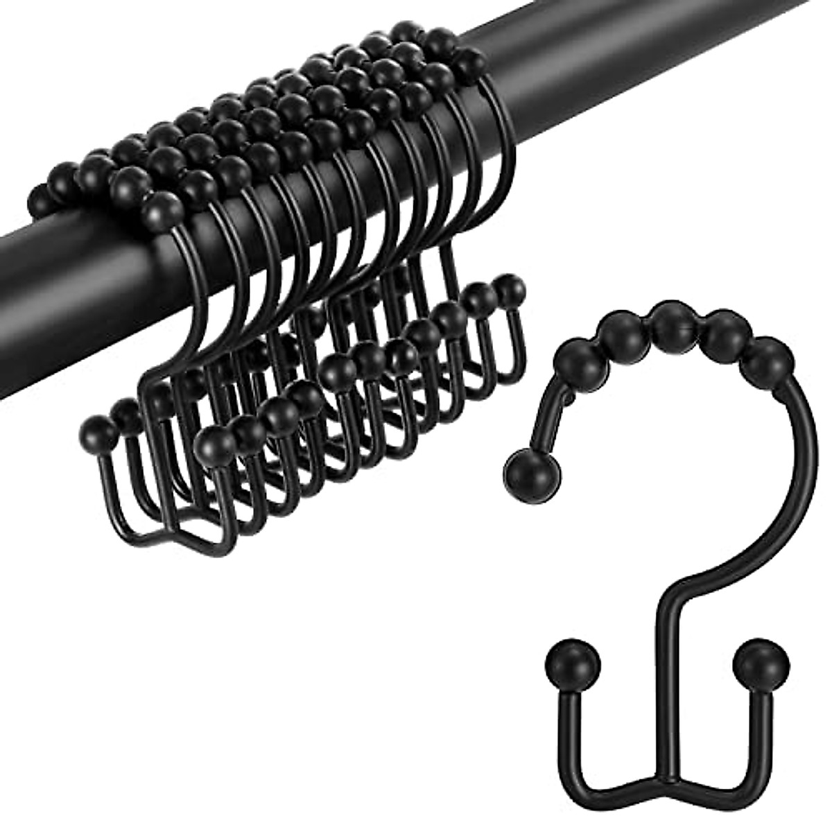 TENOVEL 12 pcs Black Double Sided Shower Curtain Hooks Black & Black Curved Shower Rod