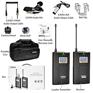 Wireless Lavalier Microphone System, Comica CVM-WM100 UHF 48 Channels Professional Wireless Microphone Compatible with Canon Nikon Sony Panasonic DSLR Cameras,XLR Camcorder,Smartphone etc.