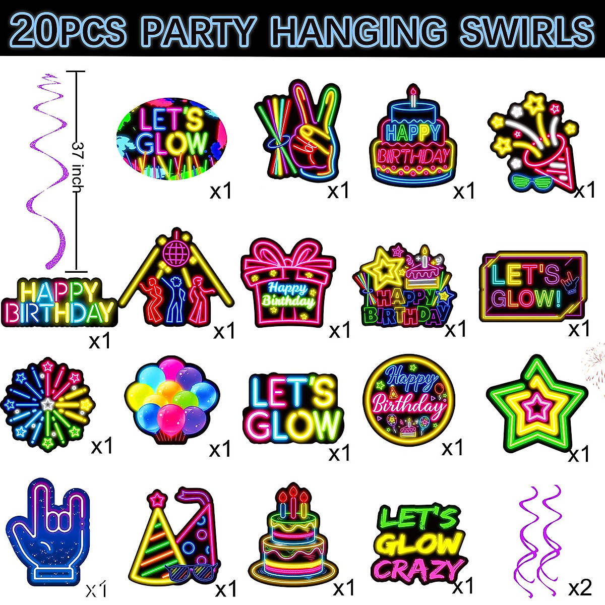 Neon Party Hanging Swirls Glow Birthday Decoration Neon Birthday Party Supplies Glow Neon Ceiling Streamers Glow in The Dark Decoration for Let's Glow Baby Shower Supplies