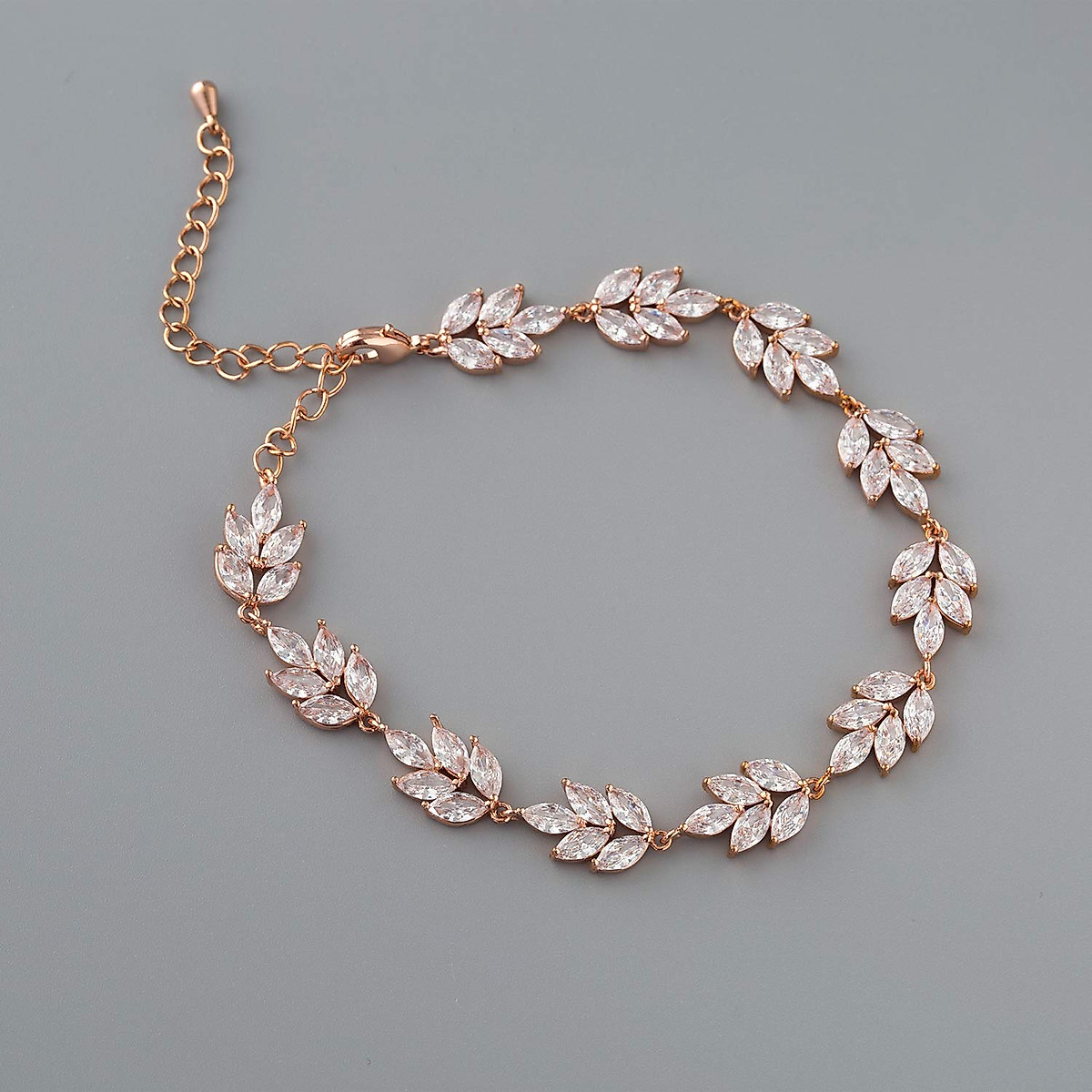 SWEETV Rose Gold Bracelet Wedding Bridal for Brides,Bridesmaid-Crystal Cubic Zirconia Bracelet Leaf Vine Vintage Style
