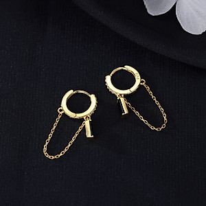 SLUYNZ 925 Sterling Silver Dangle Hoop Earrings for Women Minimalist Black CZ Hoop Earrings Tassel Chain (B-Gold Plated)