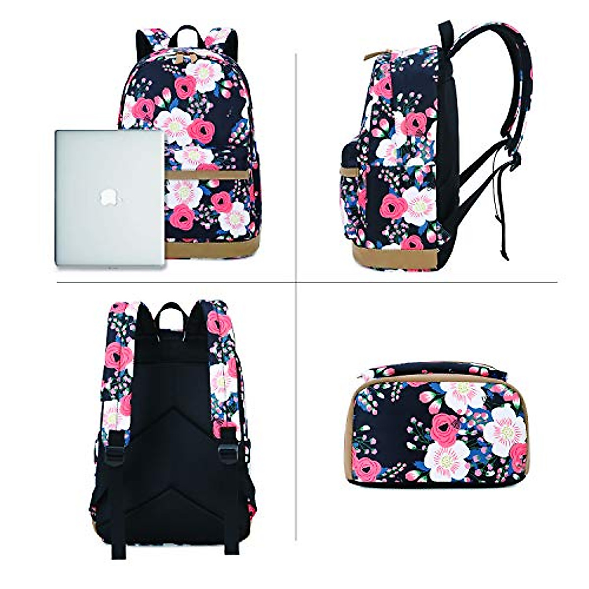 Natayoo Floral School Backpacks for Women Teen Girls College Bookbag Water Resistant Laptop Backpack with Lunch Bag and Pencil Bag,Large