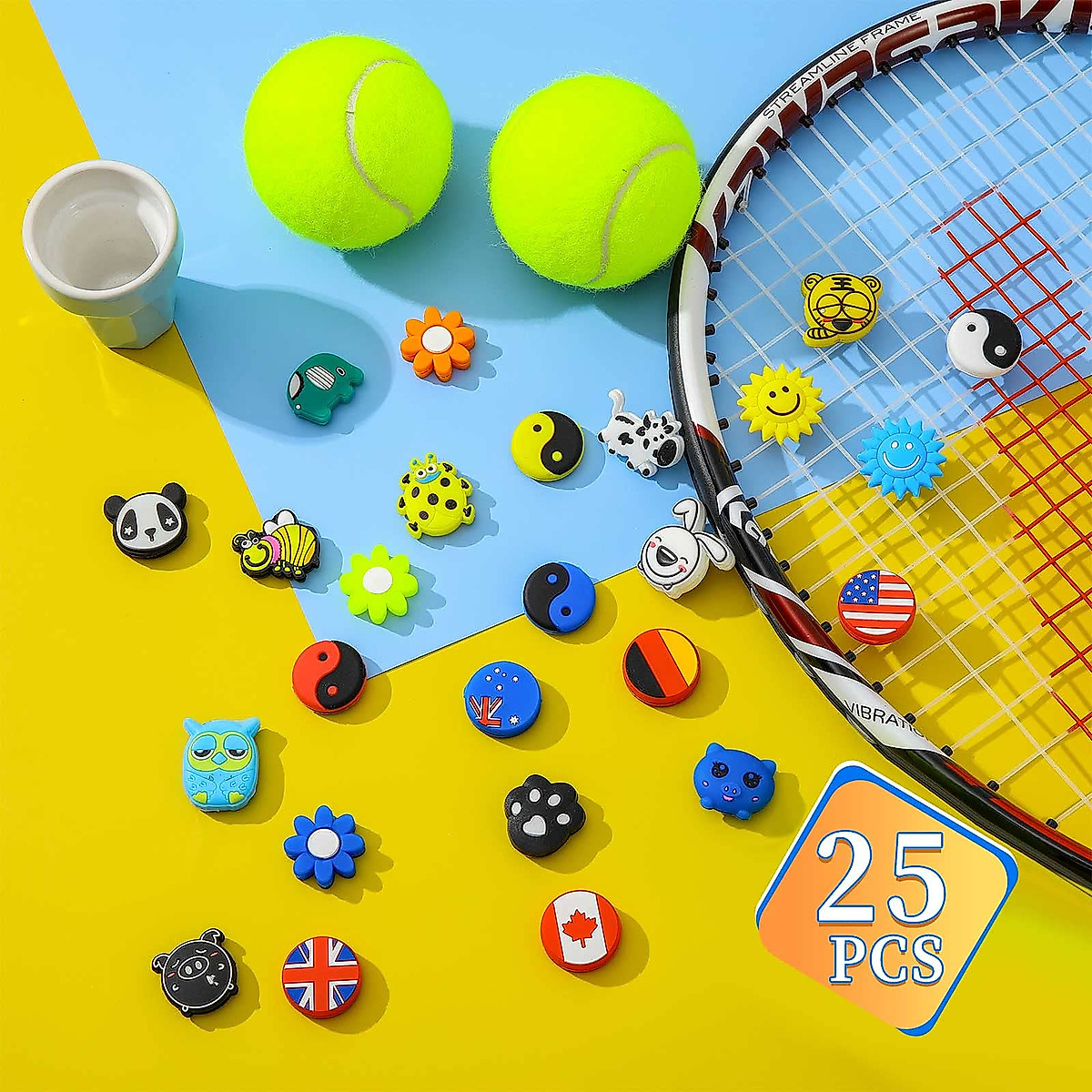 Chalyna 25 Pieces Tennis Racket Vibration Dampeners Silicone Tennis Dampeners Cartoon Vibration Dampeners for Tennis Racket Racquetball